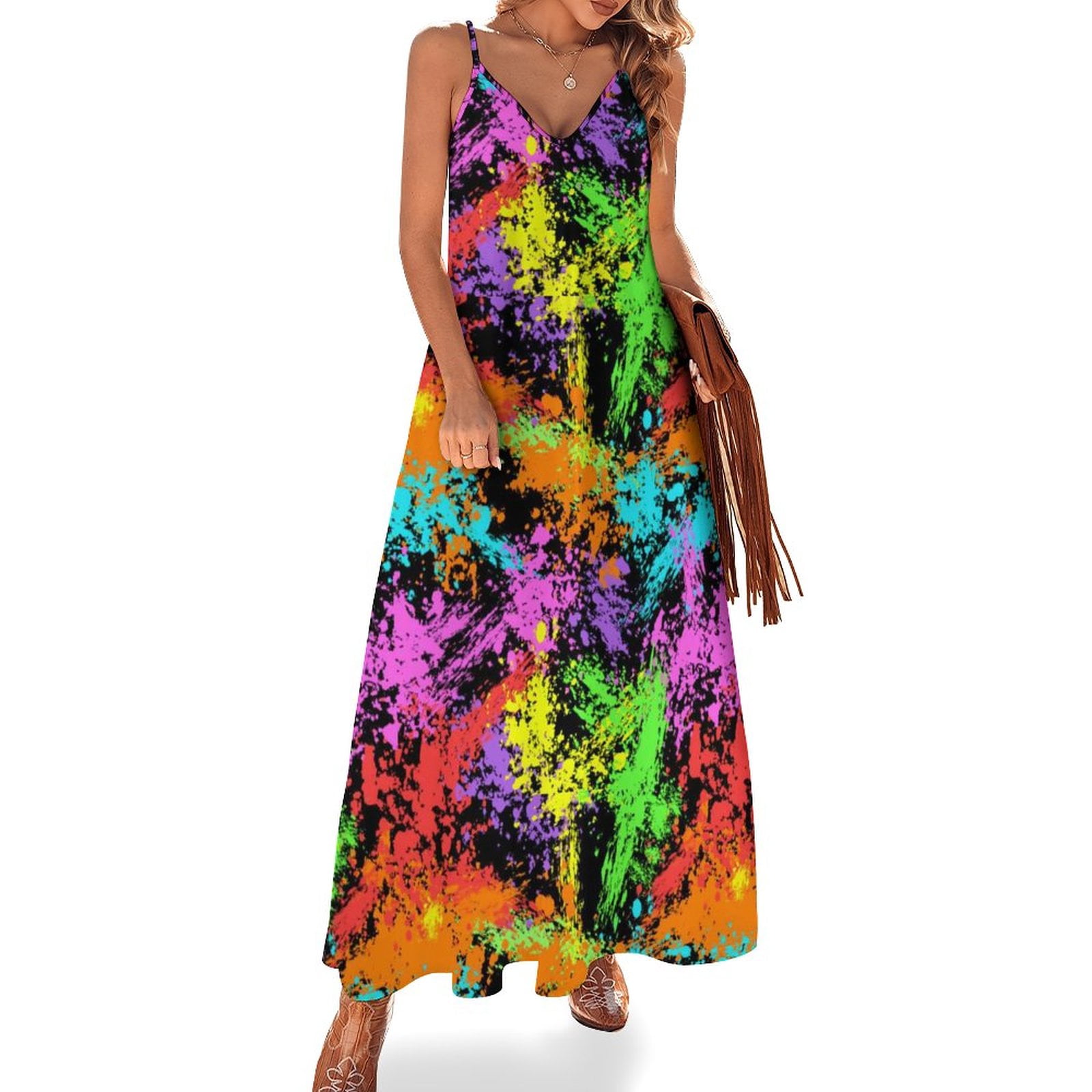 80S Neon Shapes Dress Vintage Pattern Cute Maxi Dress Strap Streetwear ...