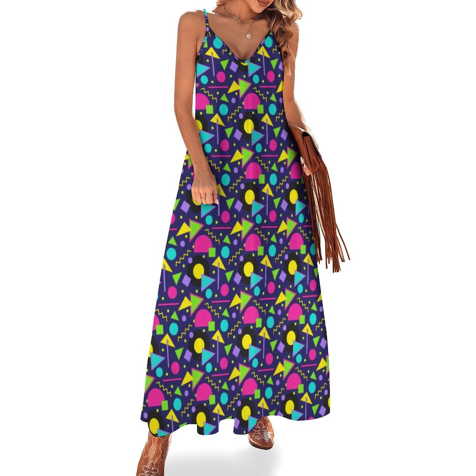 80S Neon Shapes Dress Vintage Pattern Cute Maxi Dress Strap Streetwear ...