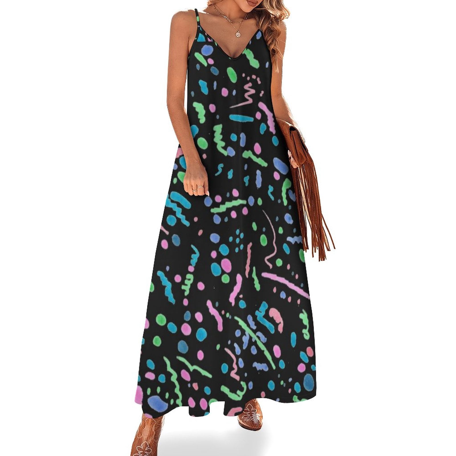 80S Neon Shapes Dress Vintage Pattern Cute Maxi Dress Strap Streetwear ...