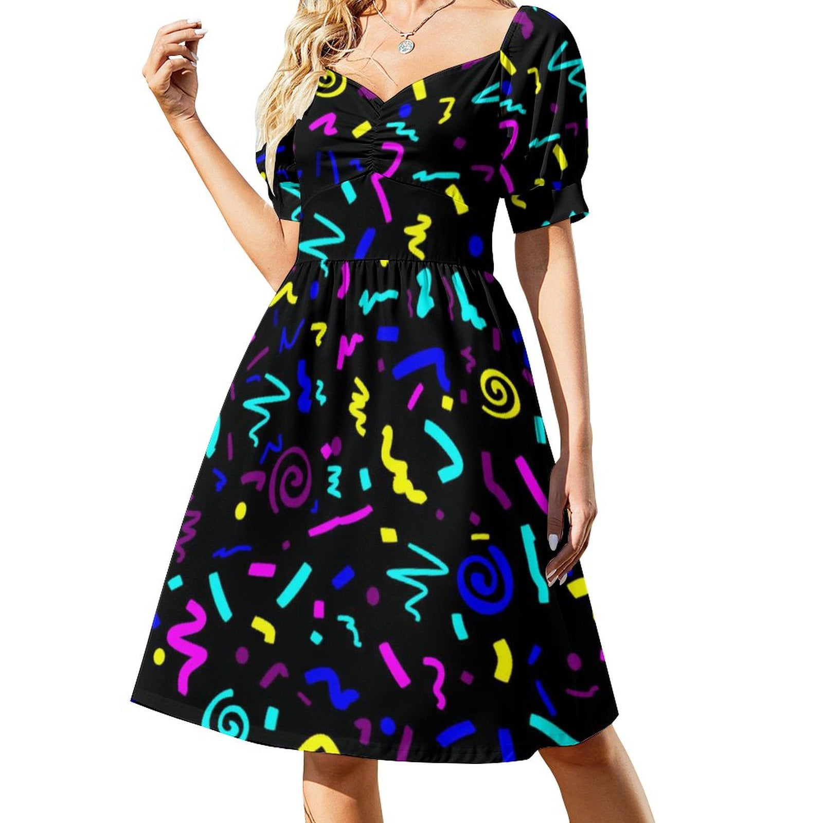 80S Paint Splash Dress Graffiti Colorful Print Cute Dresses Woman Short ...