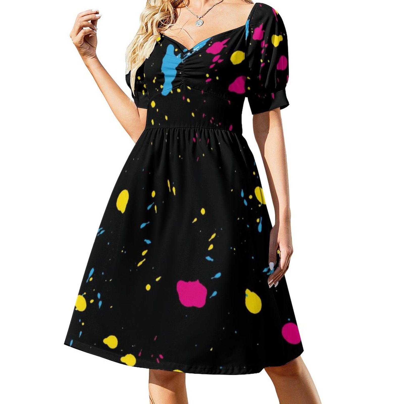80S Paint Splash Dress Graffiti Colorful Print Cute Dresses Woman Short ...