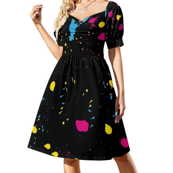 80S Paint Splash Dress Graffiti Colorful Print Cute Dresses Woman Short ...