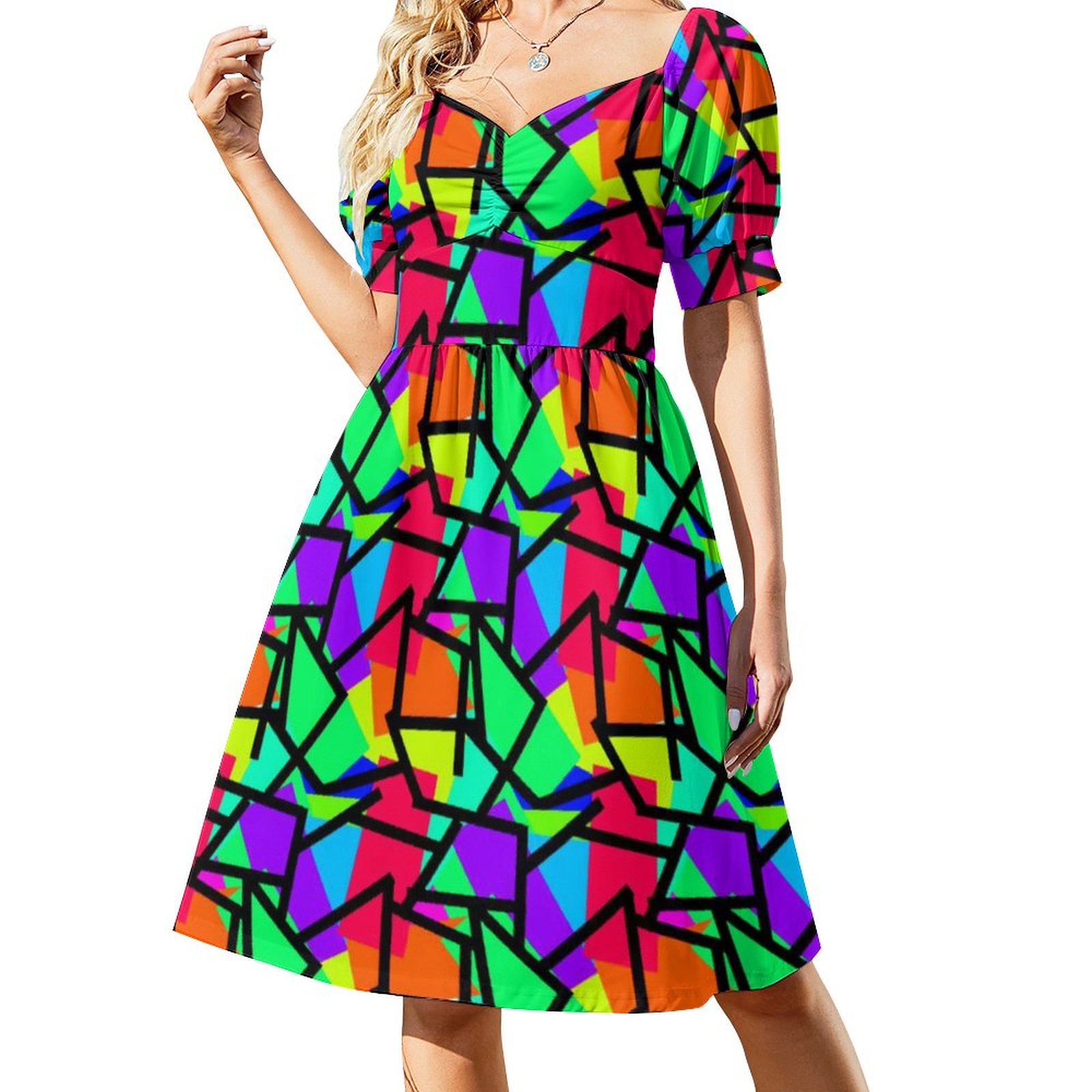 80S Paint Splash Dress Graffiti Colorful Print Cute Dresses Woman Short ...