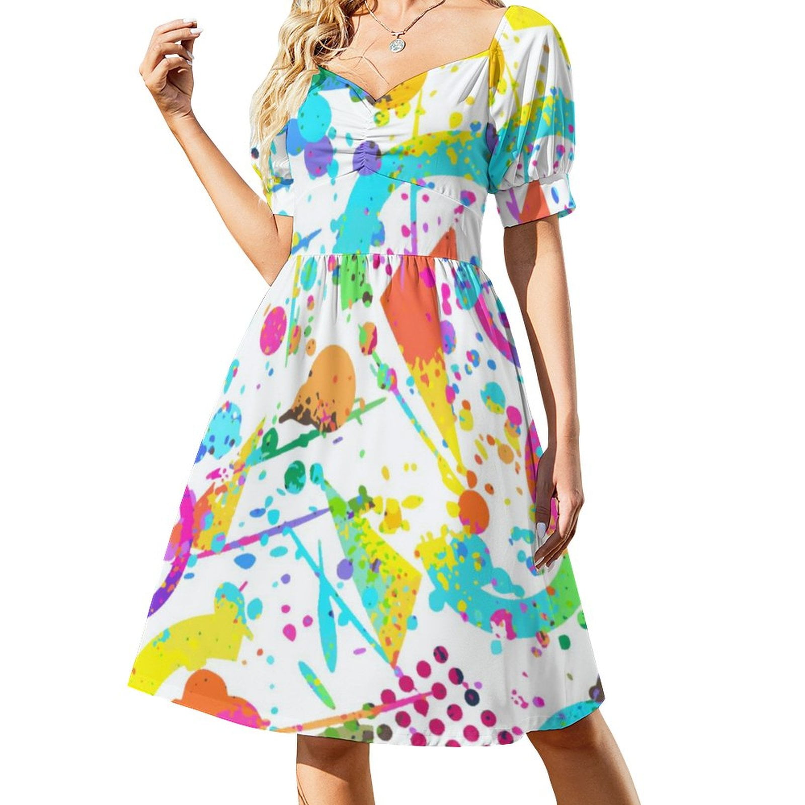 80S Paint Splash Dress Graffiti Colorful Print Cute Dresses Woman Short ...