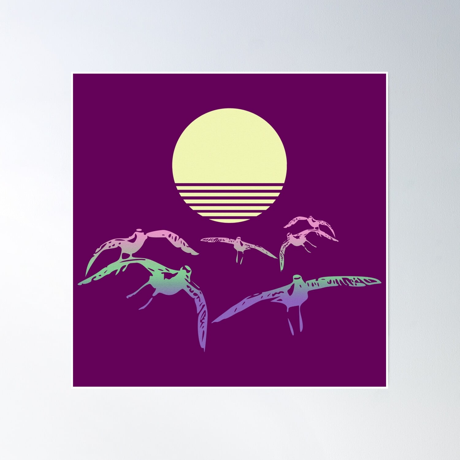 80S Pastel Sun Plus Birds Poster Wall Art, Modern Wall Decor, 16x16 ...
