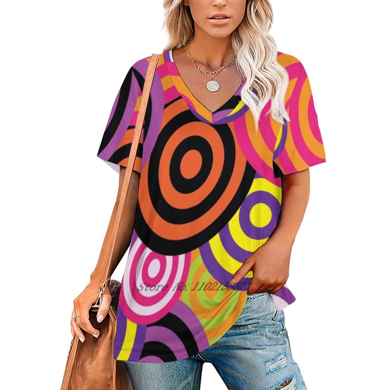 80S Pattern Women'S Clothing V-Neck Tops Zipper Tee Ladies Casual Sexy ...