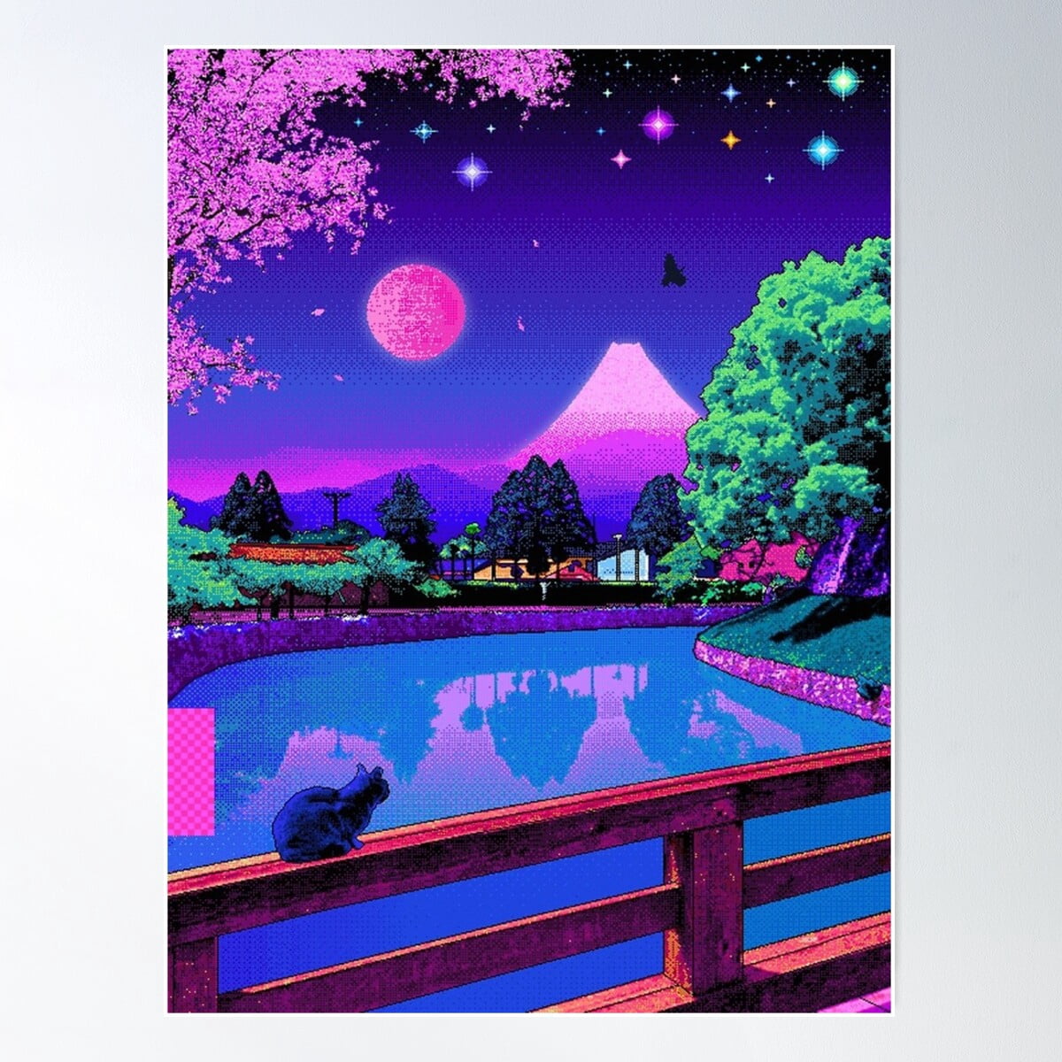 80S Pixel Art Japan Design Kawaii Cat Poster Wall Art Modern Wall Decor ...