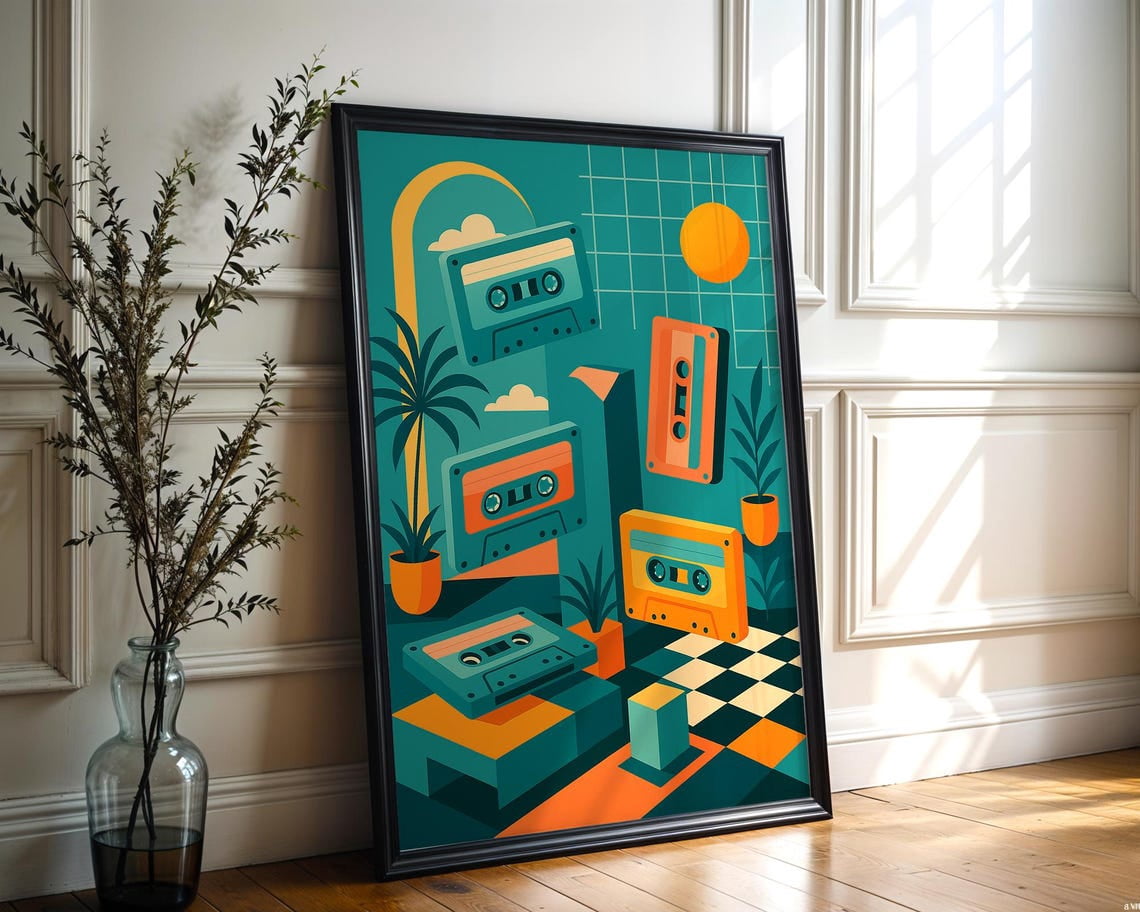 80S Retro Cassette Tape Memphis Style Surreal Lounge Poster Unframed ...