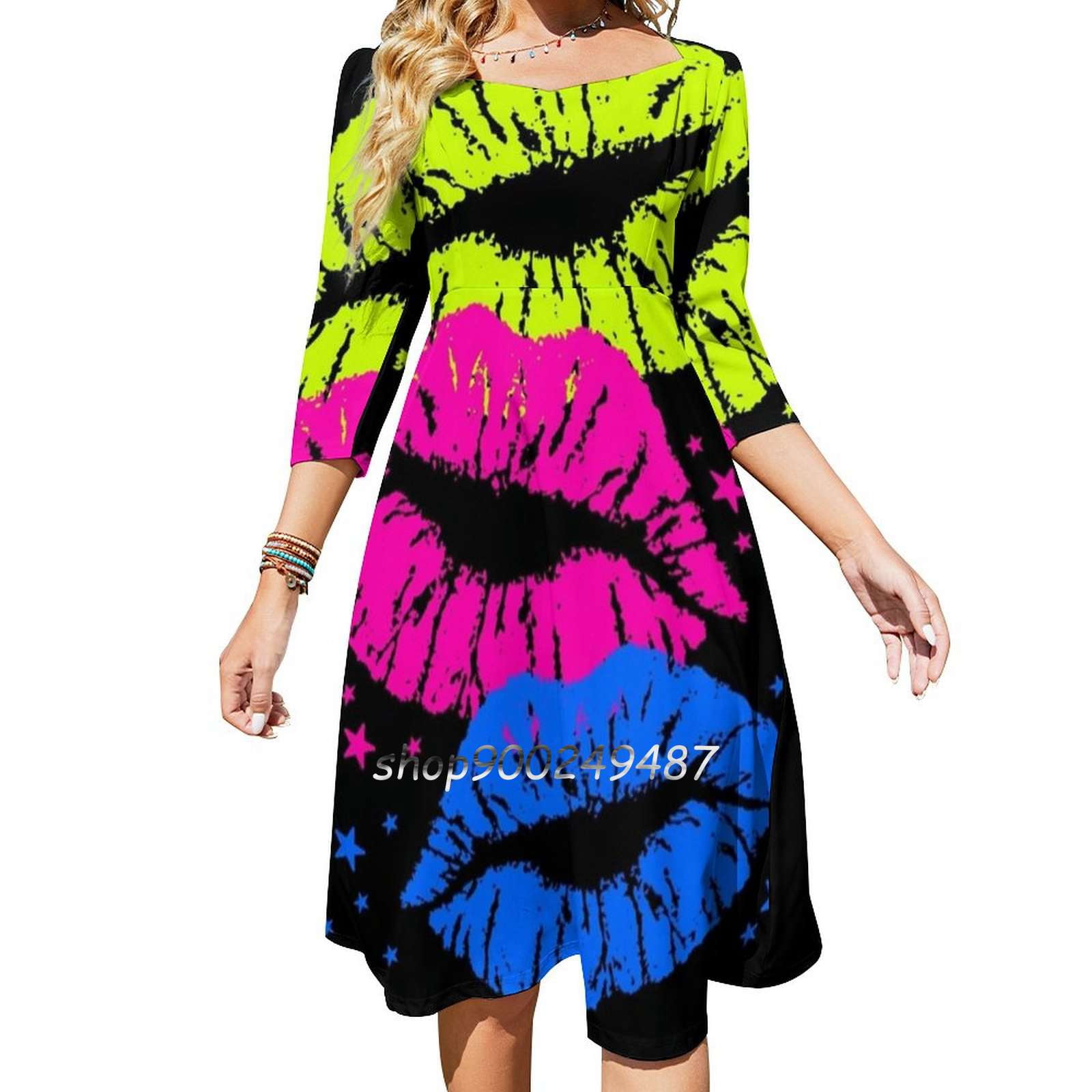 80S Retro Lips Stars Sweet Elegant Dress Women Korean Kawaii Square ...