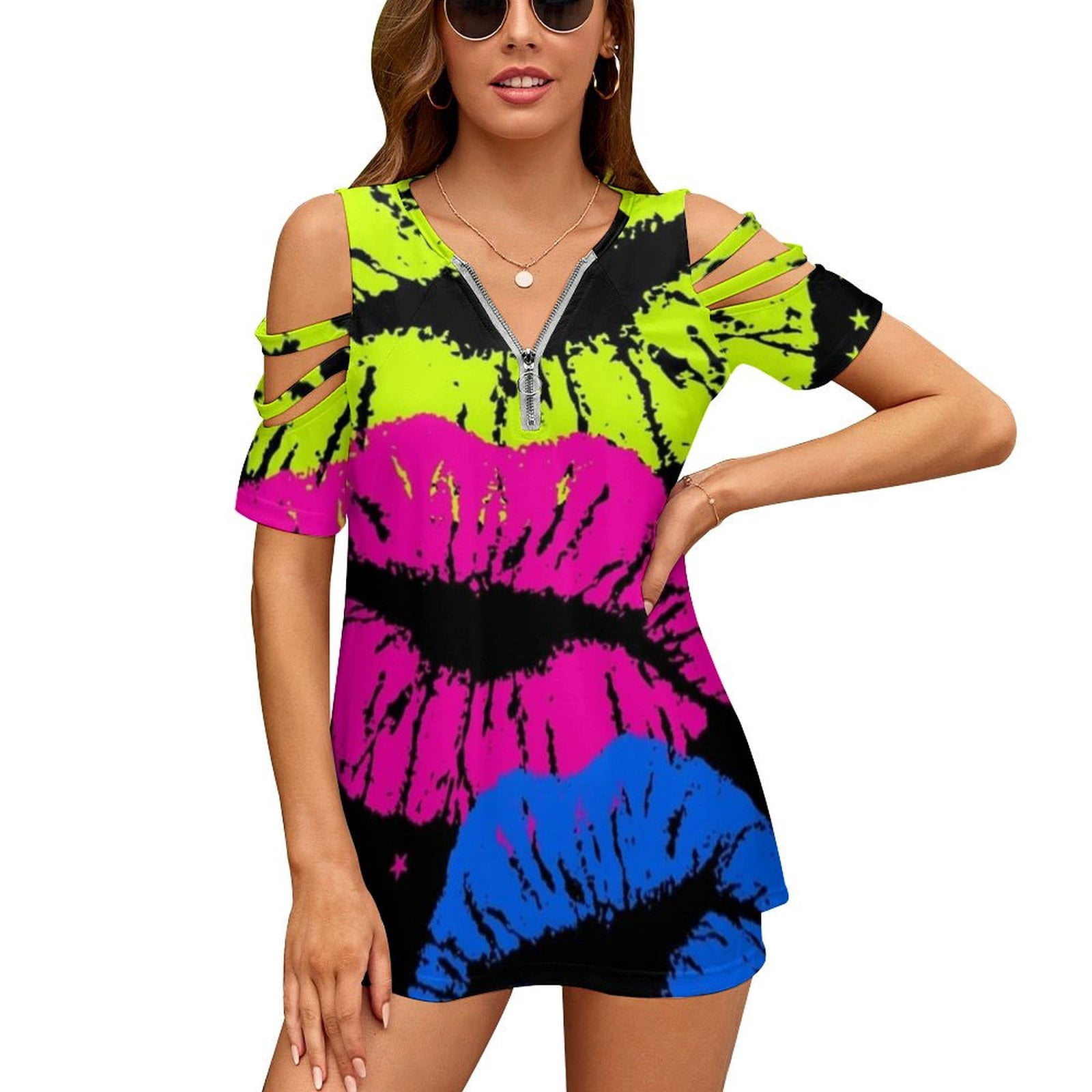 80S Retro Lips Stars Women Short Sleeve Tops O-Neck Hollow Out Shoulder ...