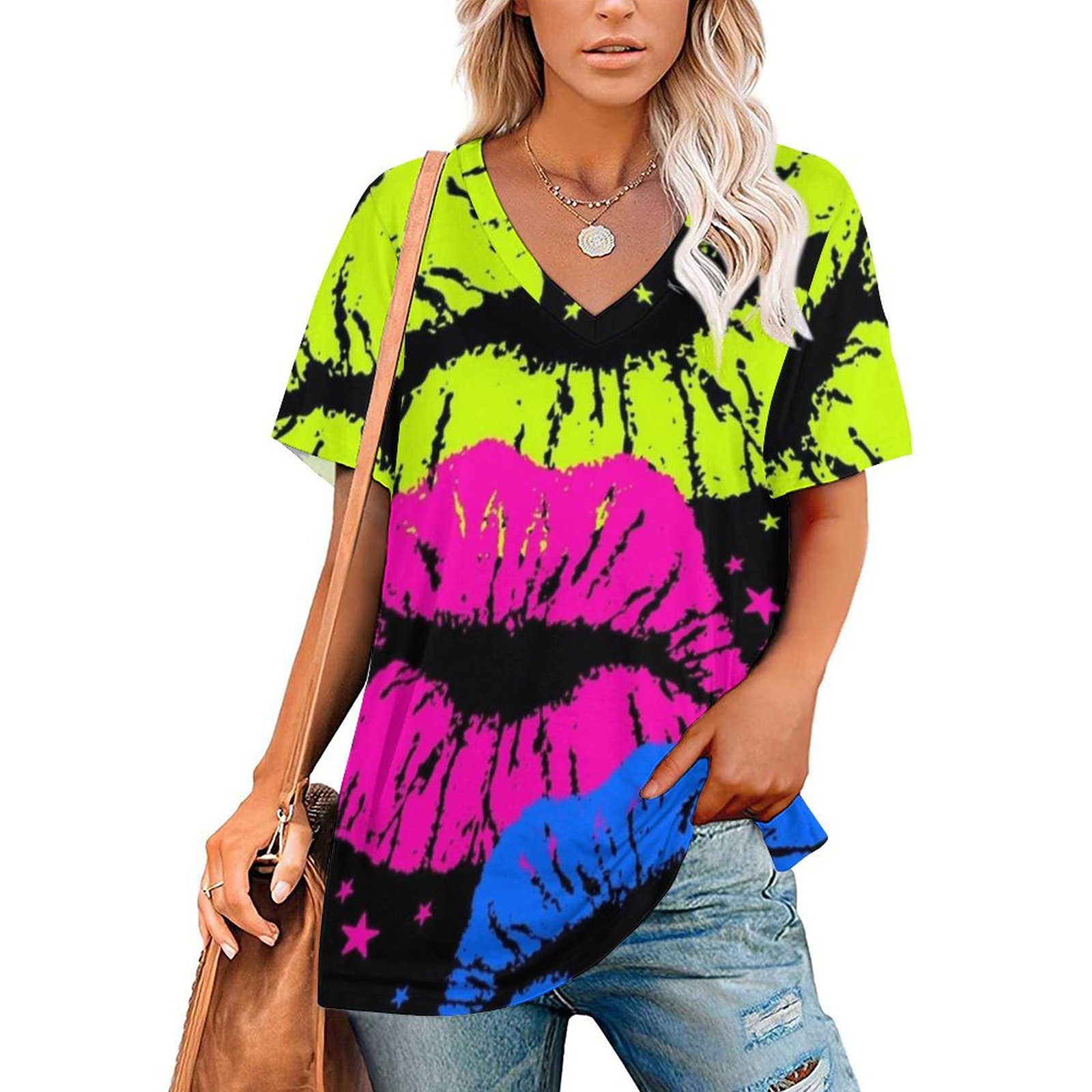 80S Retro Lips Stars Women Short Sleeve Tops O-Neck Hollow Out Shoulder ...