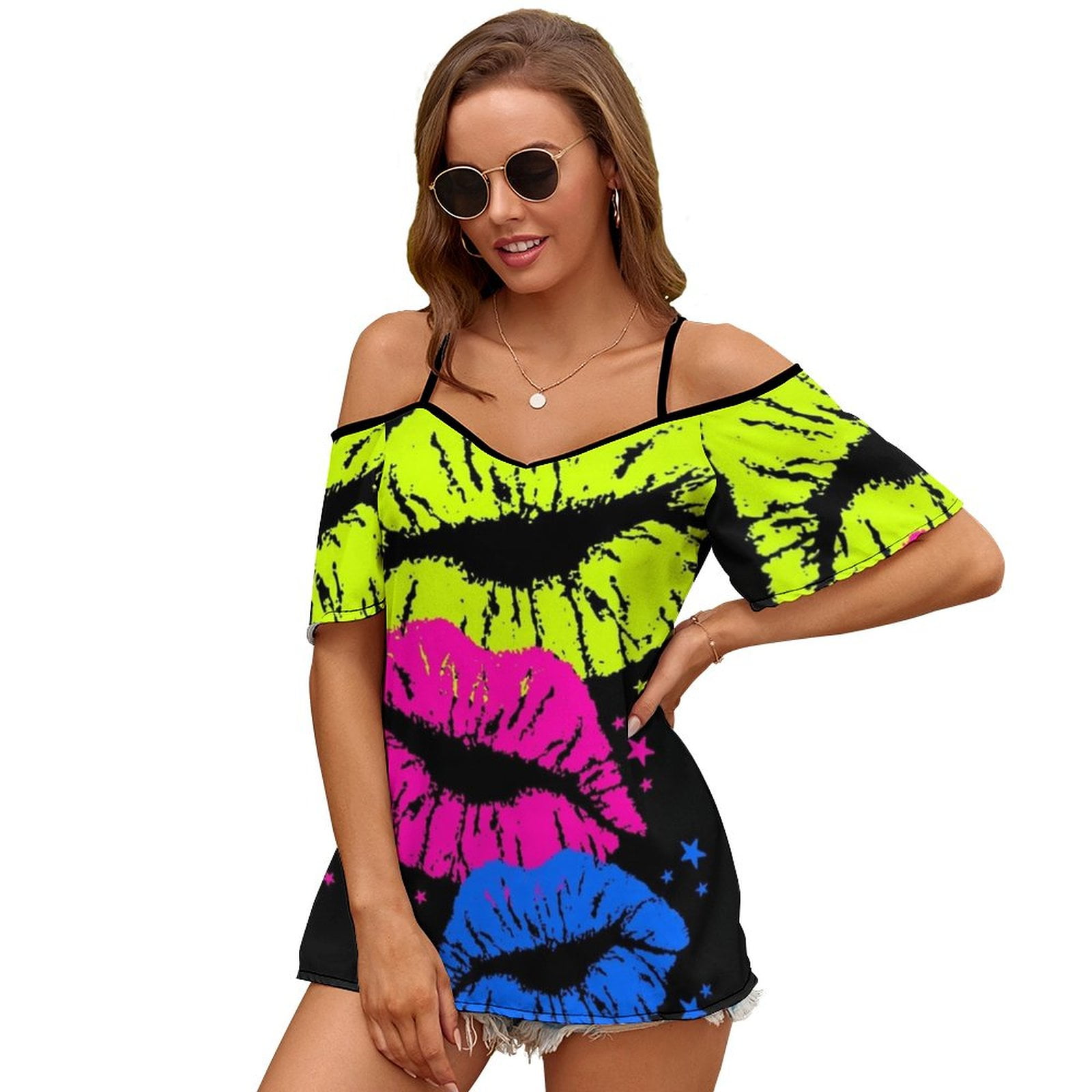 80S Retro Lips Stars Women Short Sleeve Tops O-Neck Hollow Out Shoulder ...