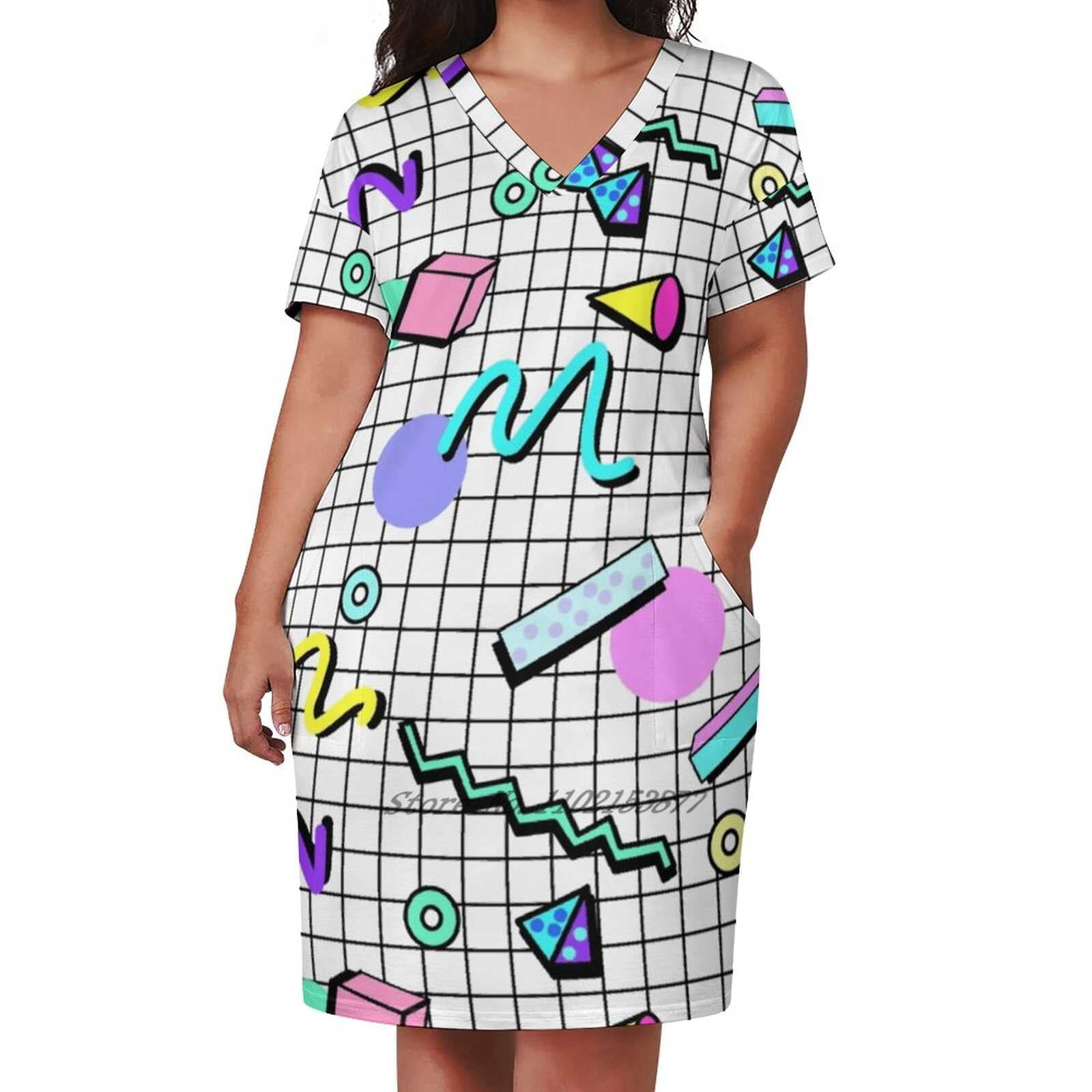 80S Retro Party Grid Design ( White Bg ) Loose Pocket Dress Print Short ...
