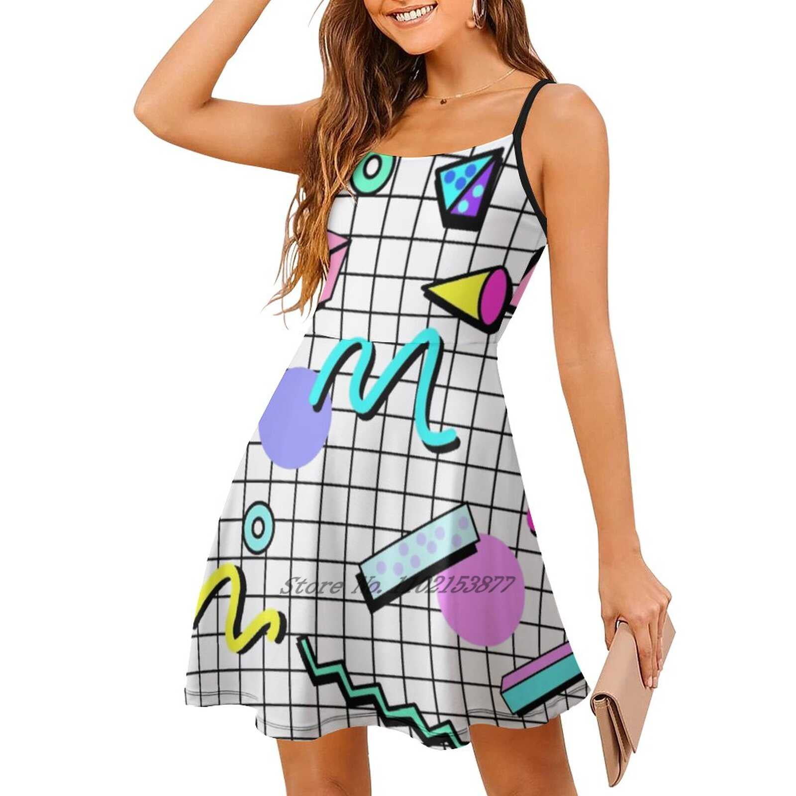 80S Retro Party Grid Design ( White Bg ) Loose Pocket Dress Print Short ...