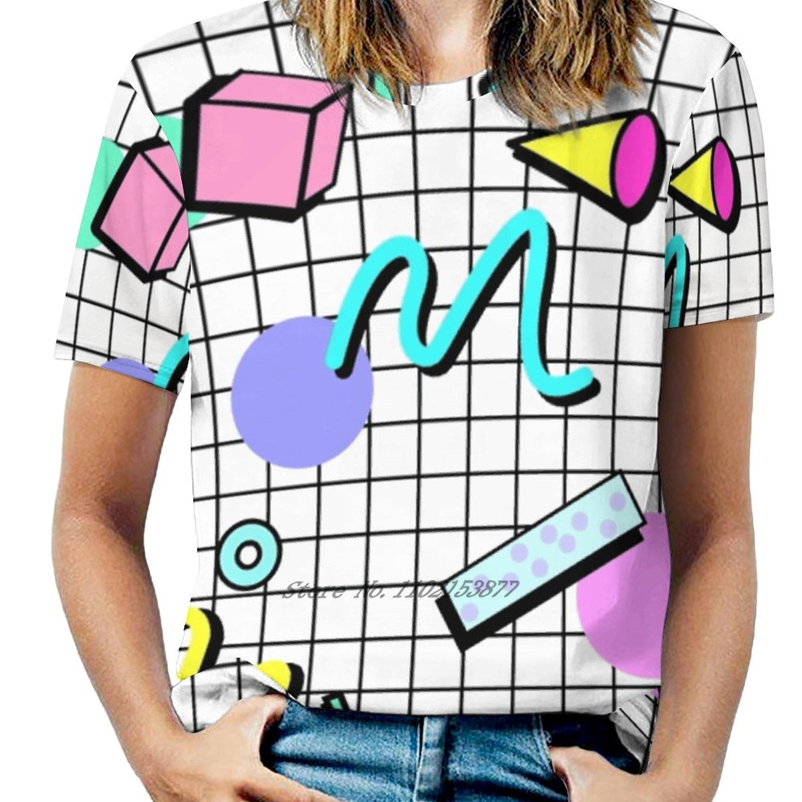 80S Retro Party Grid Design ( White Bg ) Women Print T-Shirt Summer ...