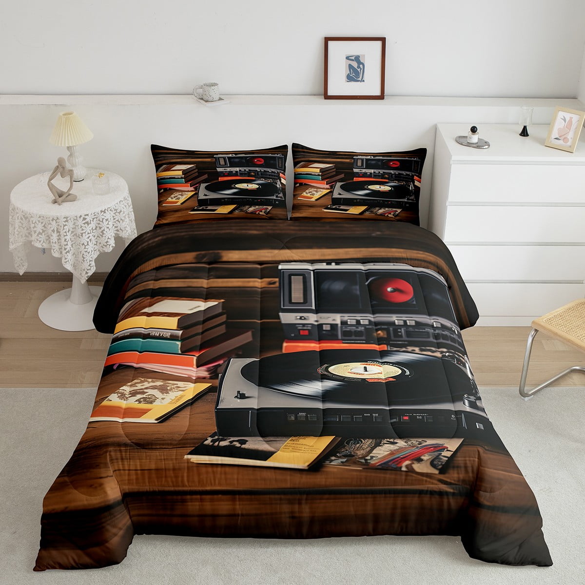 80S Vintage Audio Record Comforter Set Retro Style Cassette Radio Tapes ...