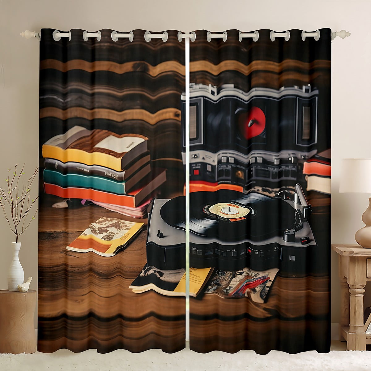 80S Vintage Audio Record Curtains Retro Style Cassette Radio Tapes ...