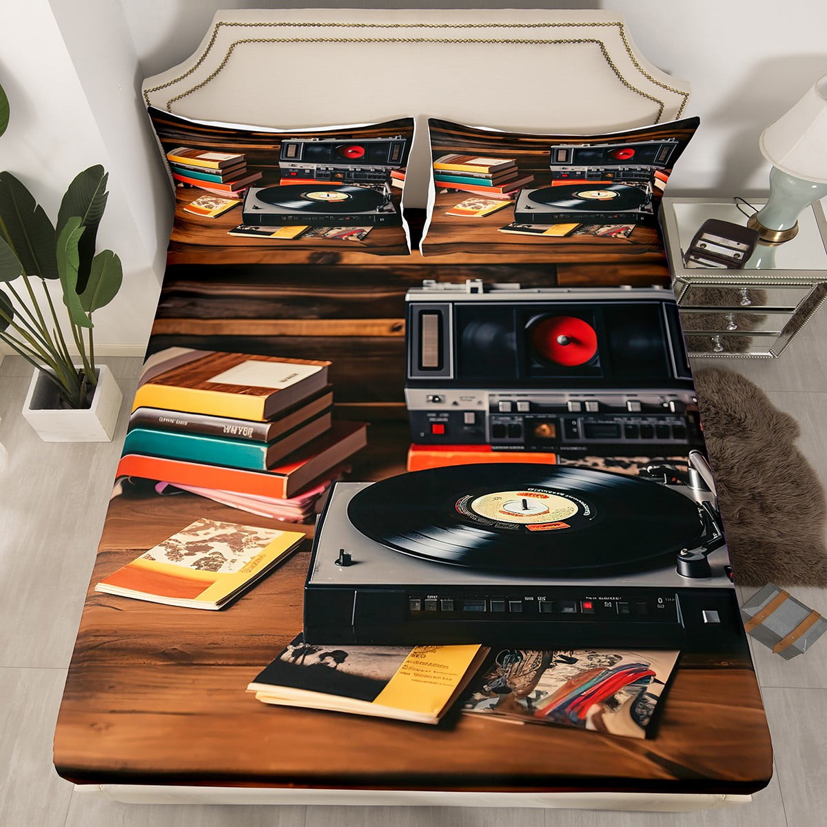 80S Vintage Audio Record Fitted Sheet Retro Style Cassette Radio Tapes ...