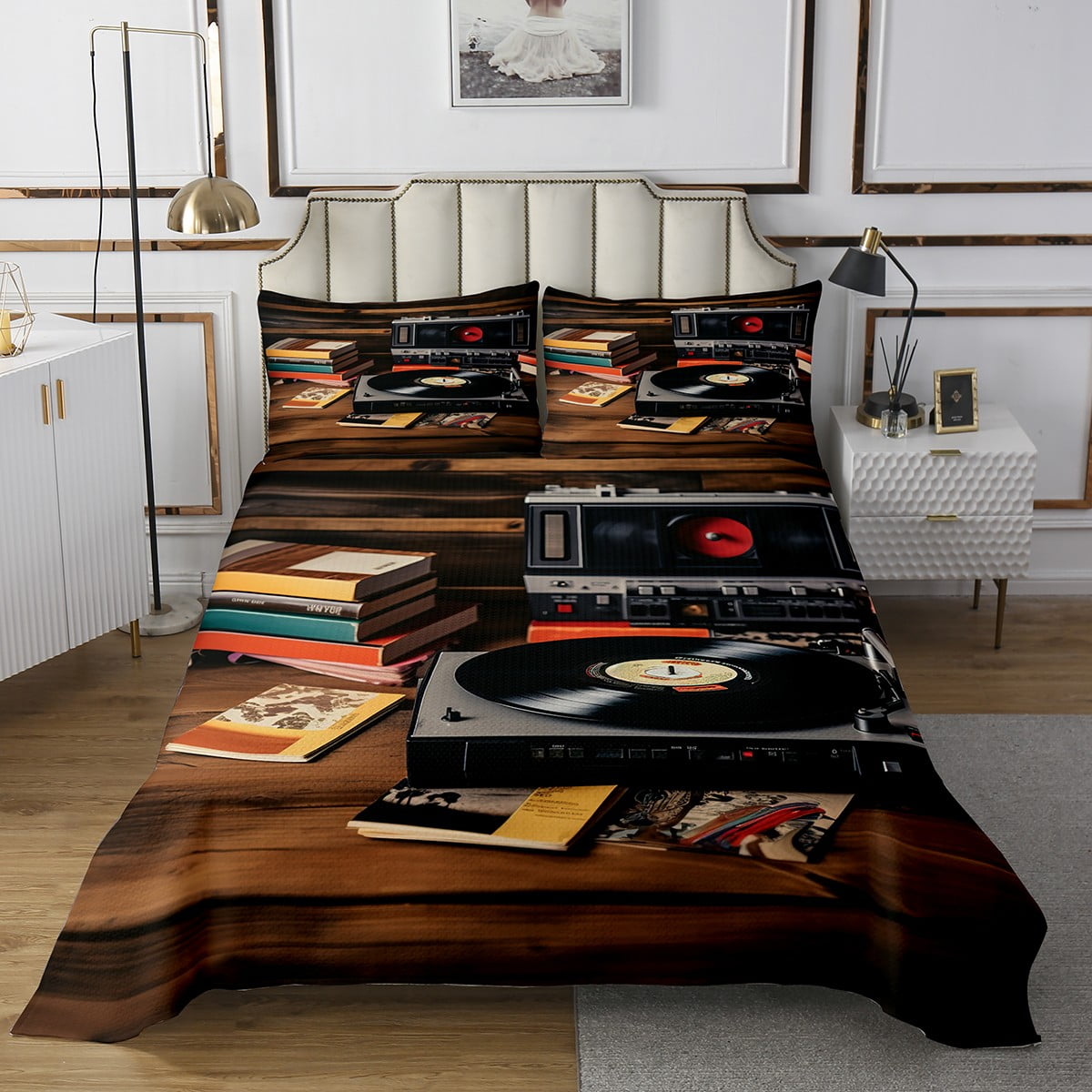 80S Vintage Audio Record Quilt Set Retro Style Cassette Radio Tapes ...