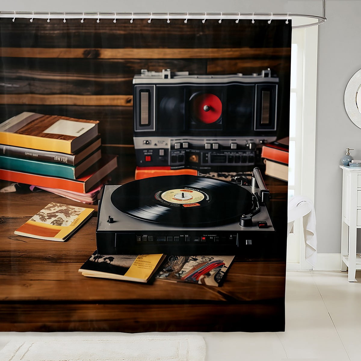 80S Vintage Audio Record Shower Curtain Retro Style Cassette Radio ...