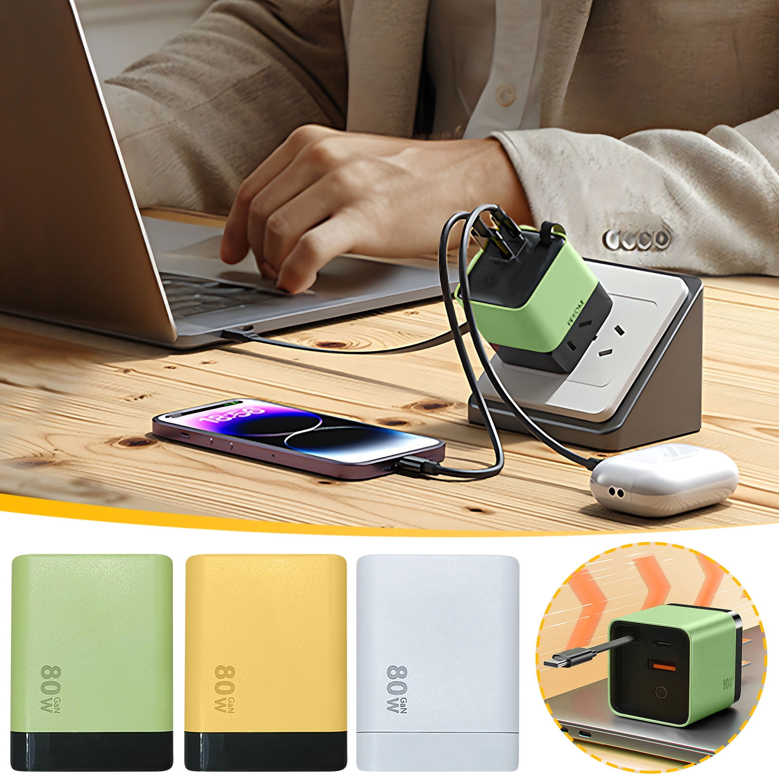 80W Fast Wall Charger, Retractable Phone Power Adapter, Scalable 3-in-1 ...