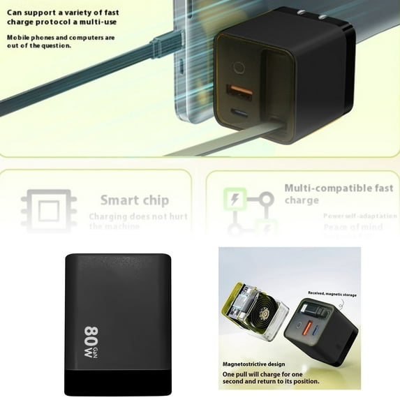 80W Max Retractable Wall Charger - Foldable US Plug, Fast PD Charging ...