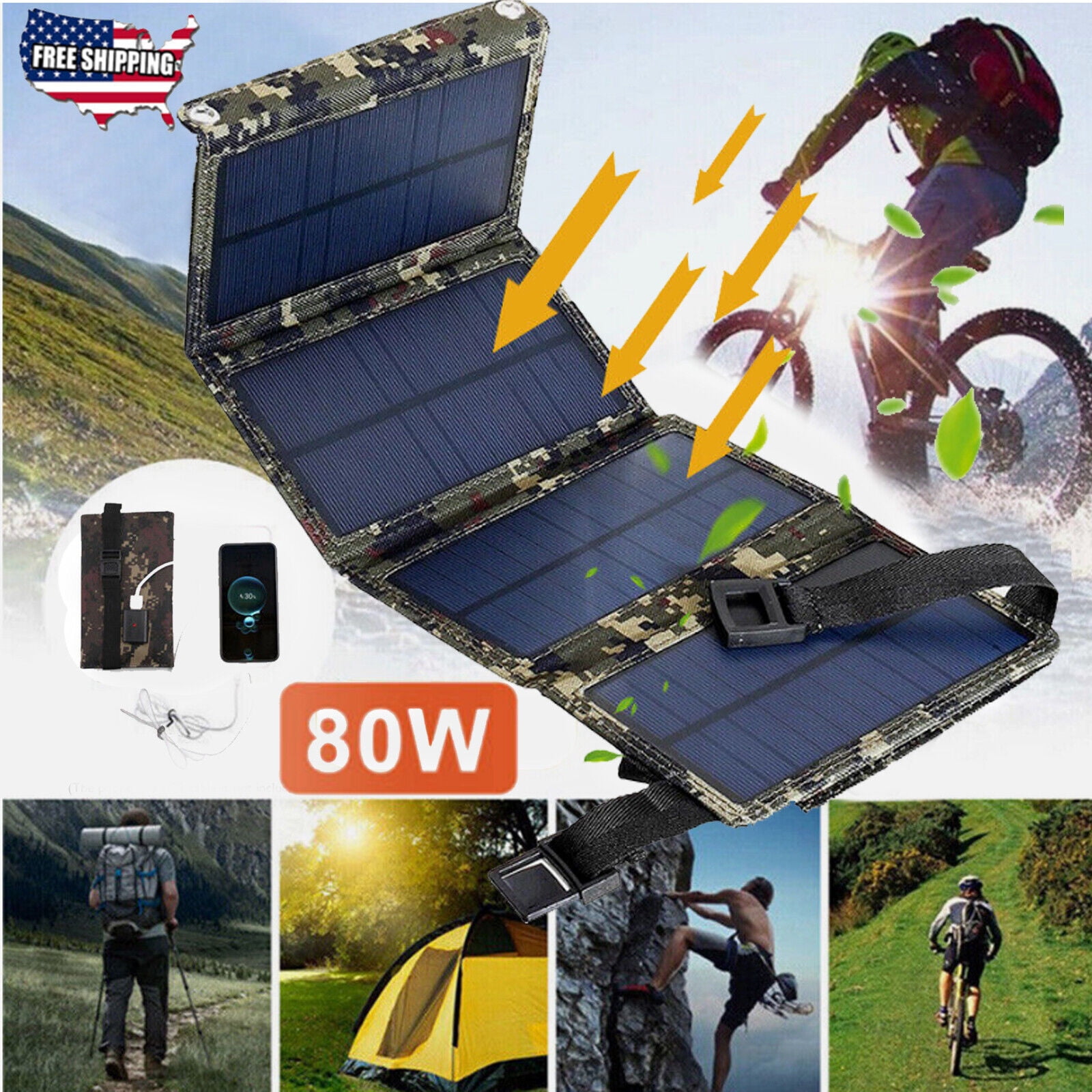 80W USB Solar Panel Folding Power Bank Outdoor Camping Hiking Phone Charger Kit Foladble Solar ...