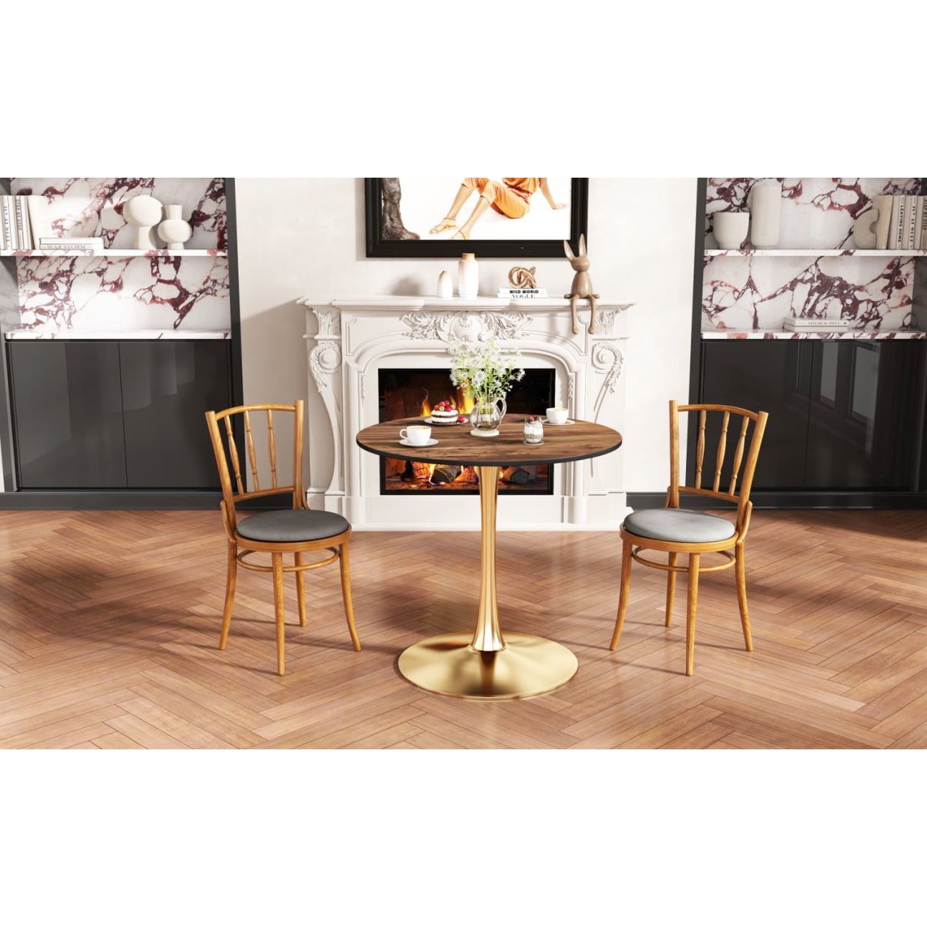 80cm Round Table, Natural Wood, Golden Leg, Reliable Furniture Wood ...