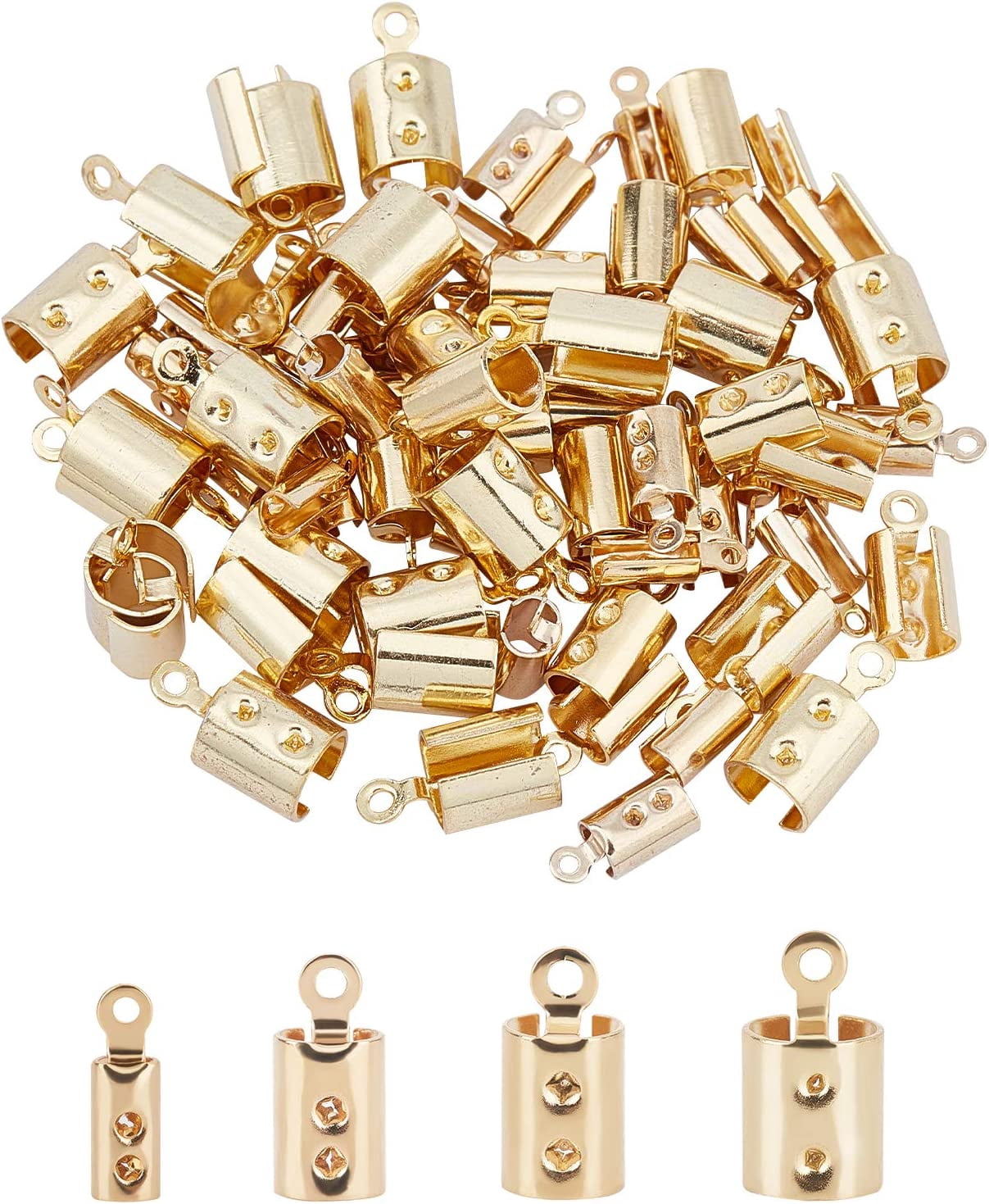 80pcs 4 Sizes Golden Folding Crimp Ends Crimps Ends Fold Over Cord Ends ...