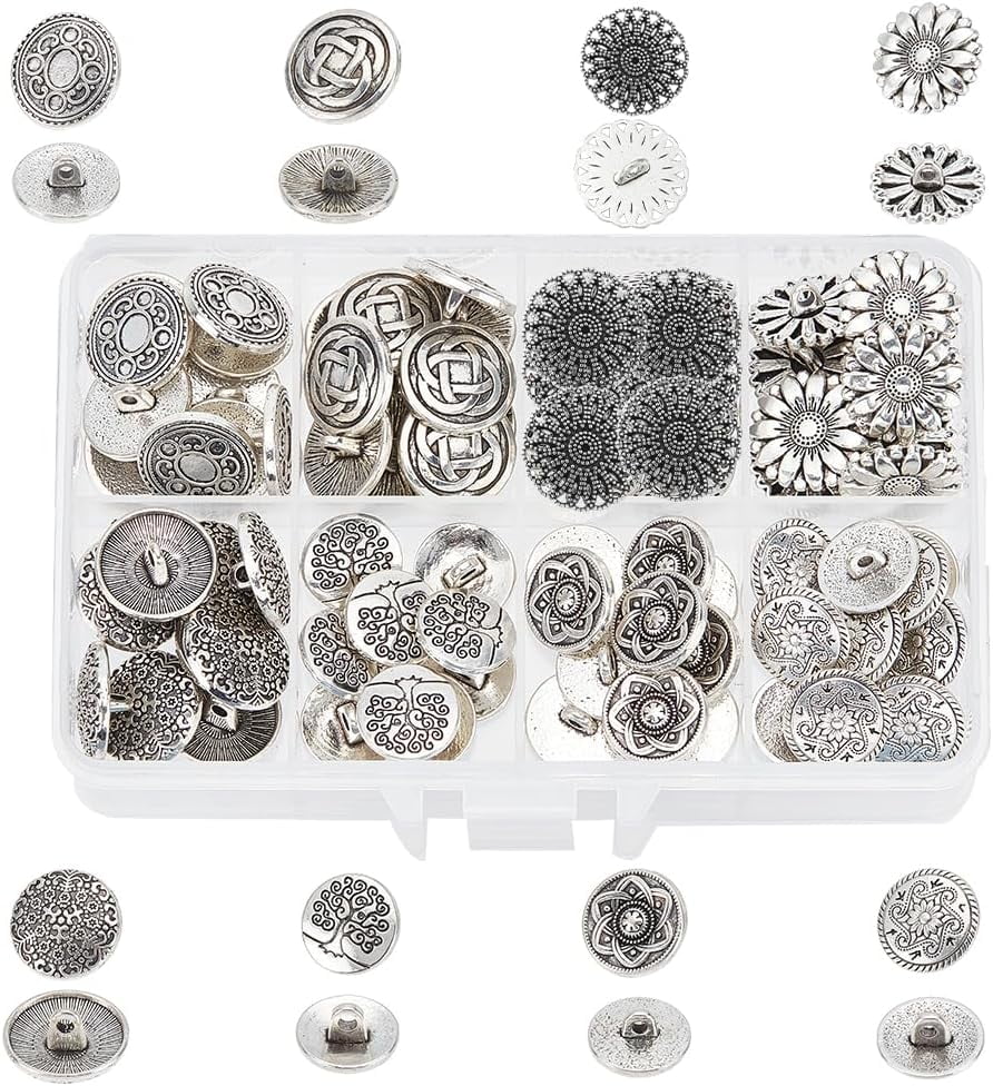 80pcs Metal Shank Buttons 8 Style Engraved Metal Buttons Antique Silver ...