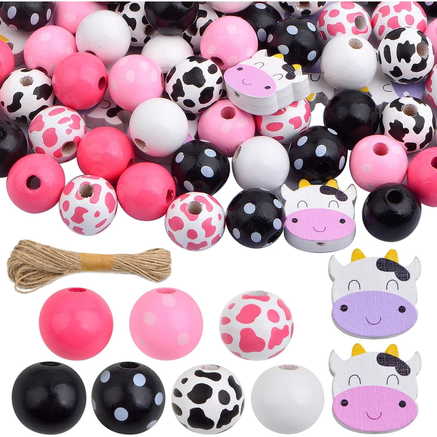 80pcs Mixed Cow Style Print Wood Beads Natural Round Wood Beads ...