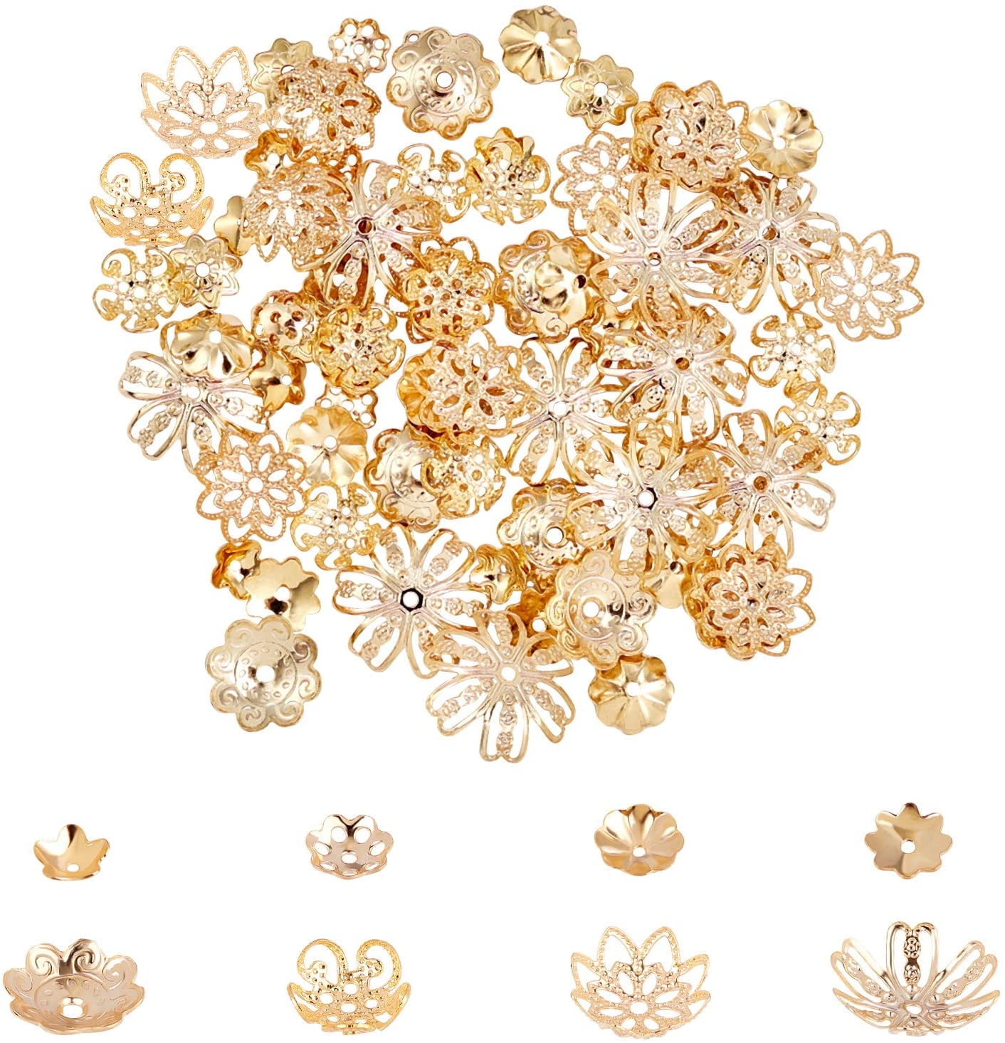 80pcs Stainless Steel Spacer Bead Caps Flower End Cap Spacers Golden ...