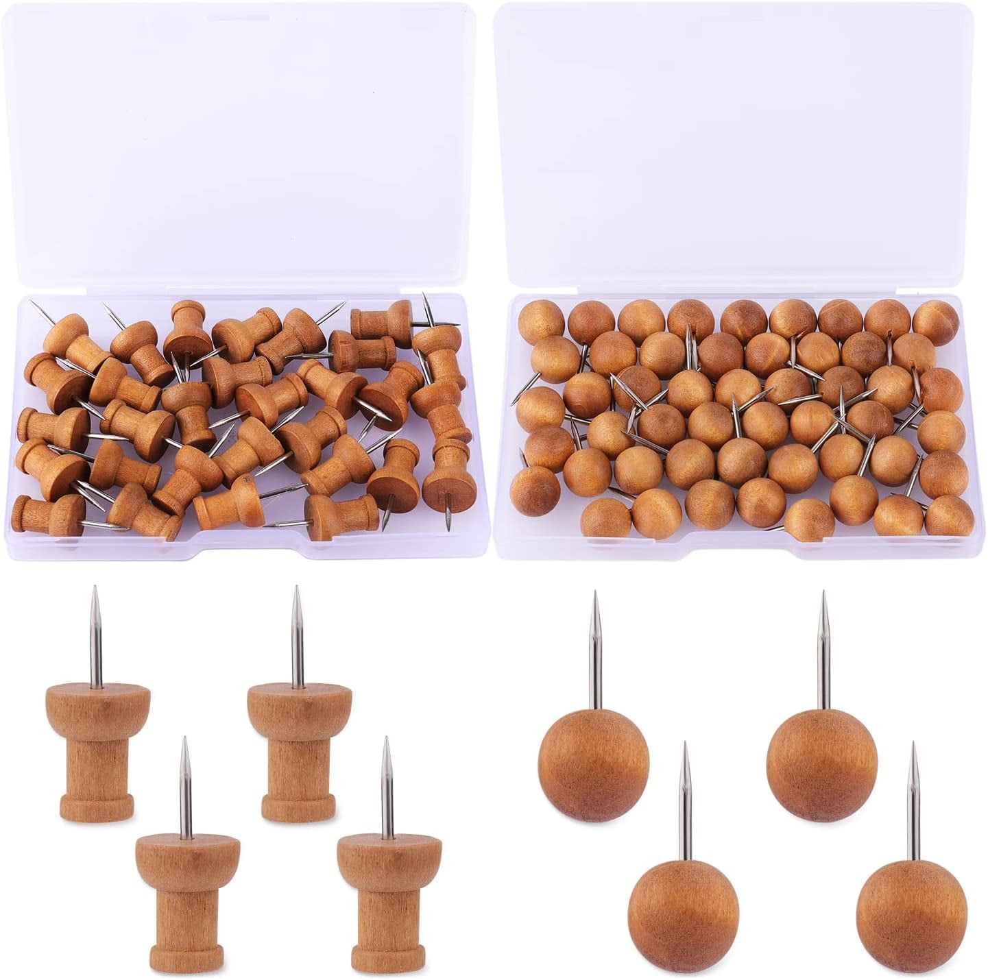 80pcs Wood Push Pins, Wooden Thumb Tacks Round Head Tacks with Steel ...