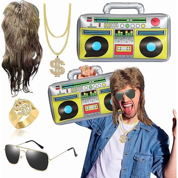 80s 90s Hip Hop Costume Kit Rapper Costume with Brown Mullet Wig ...
