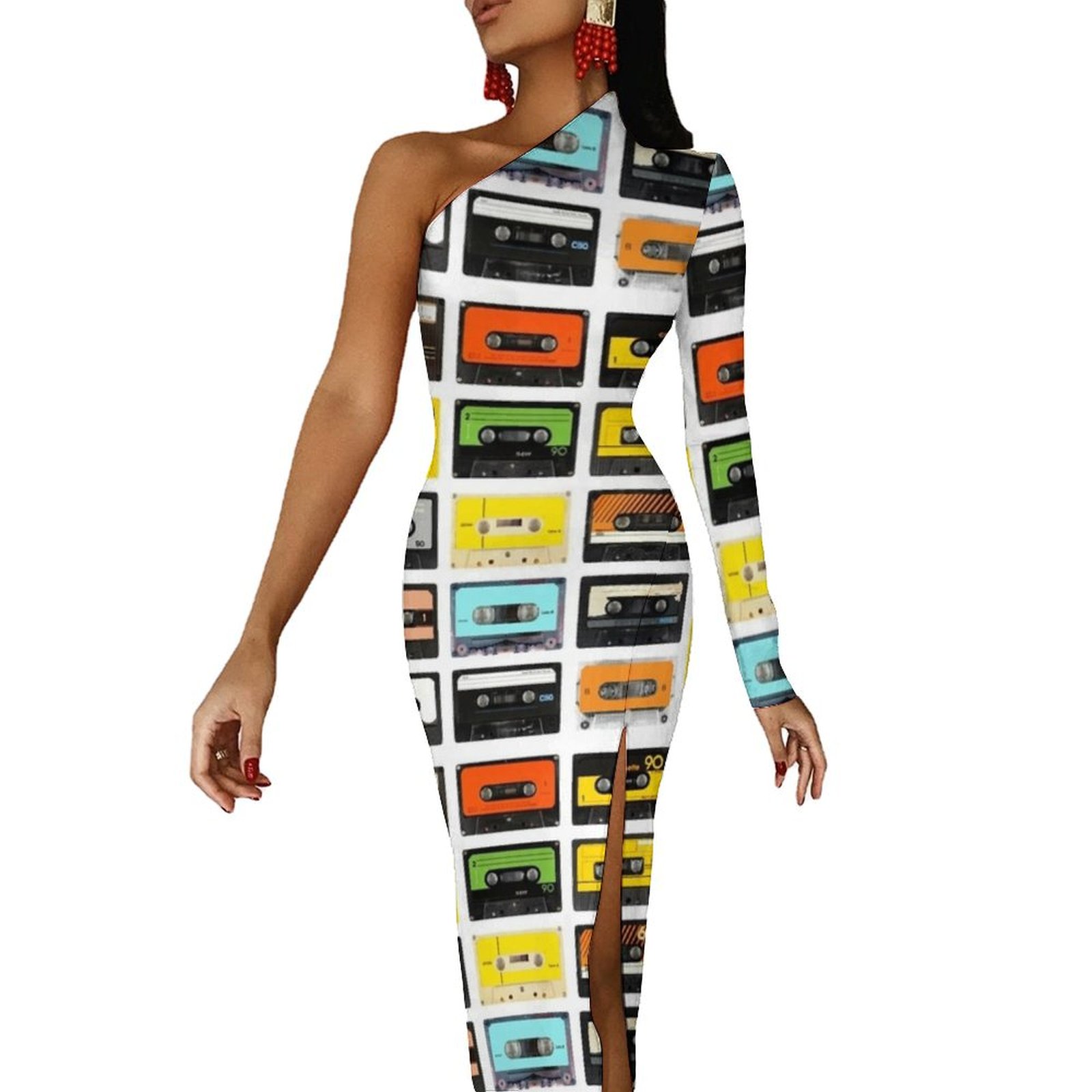 80s Cassettes Half Dleeve Split Dress Dance dresses summer dress korean ...
