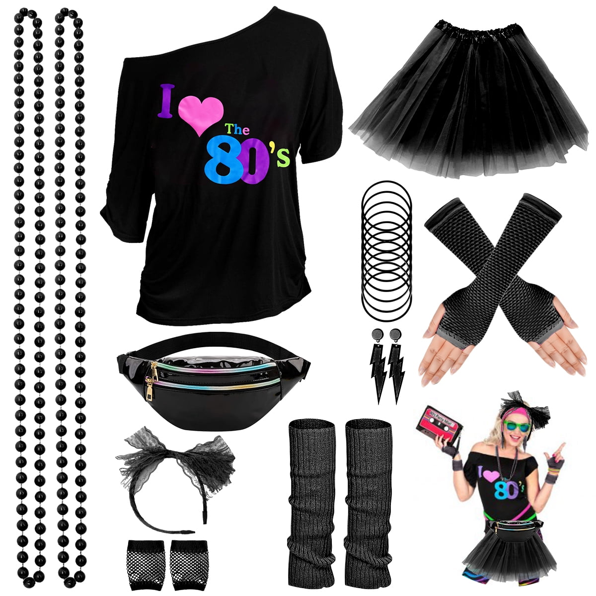 80s Costume Accessories for Women, T-Shirt Tutu Fanny Pack Headband Earring Necklace Fishnet ...