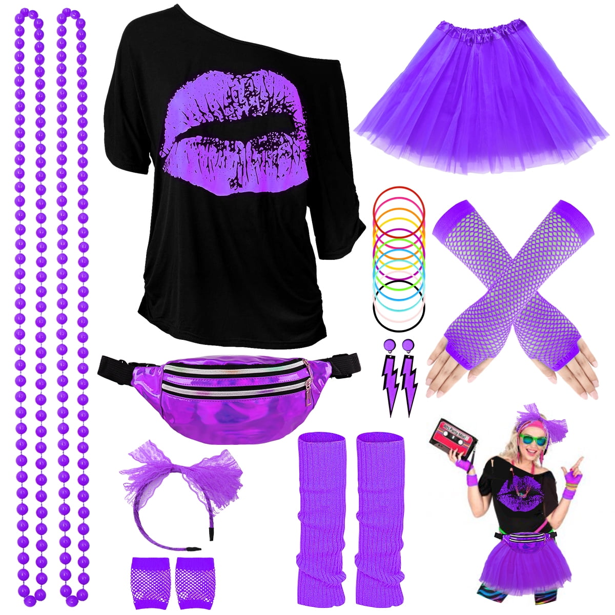 80s Costume Accessories for Women, T-Shirt Tutu Fanny Pack Headband ...