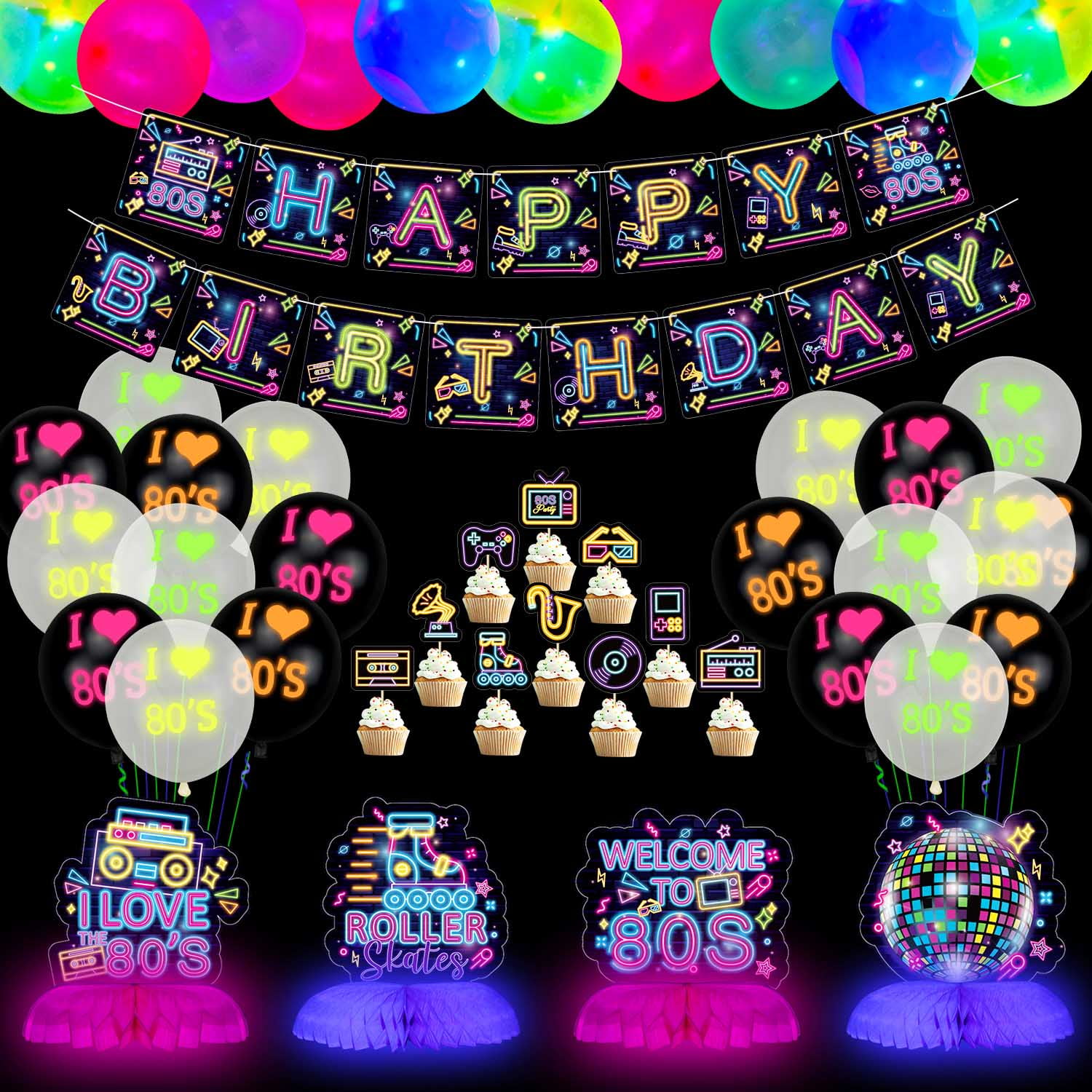 80s Glow Neon Birthday Party Decorations - 80s Neon Balloons, Glow in ...