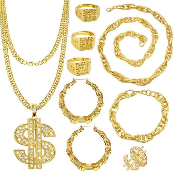 80s Hiphop Styles Bold Chain Rings Necklace Jewelry Set For Men And ...