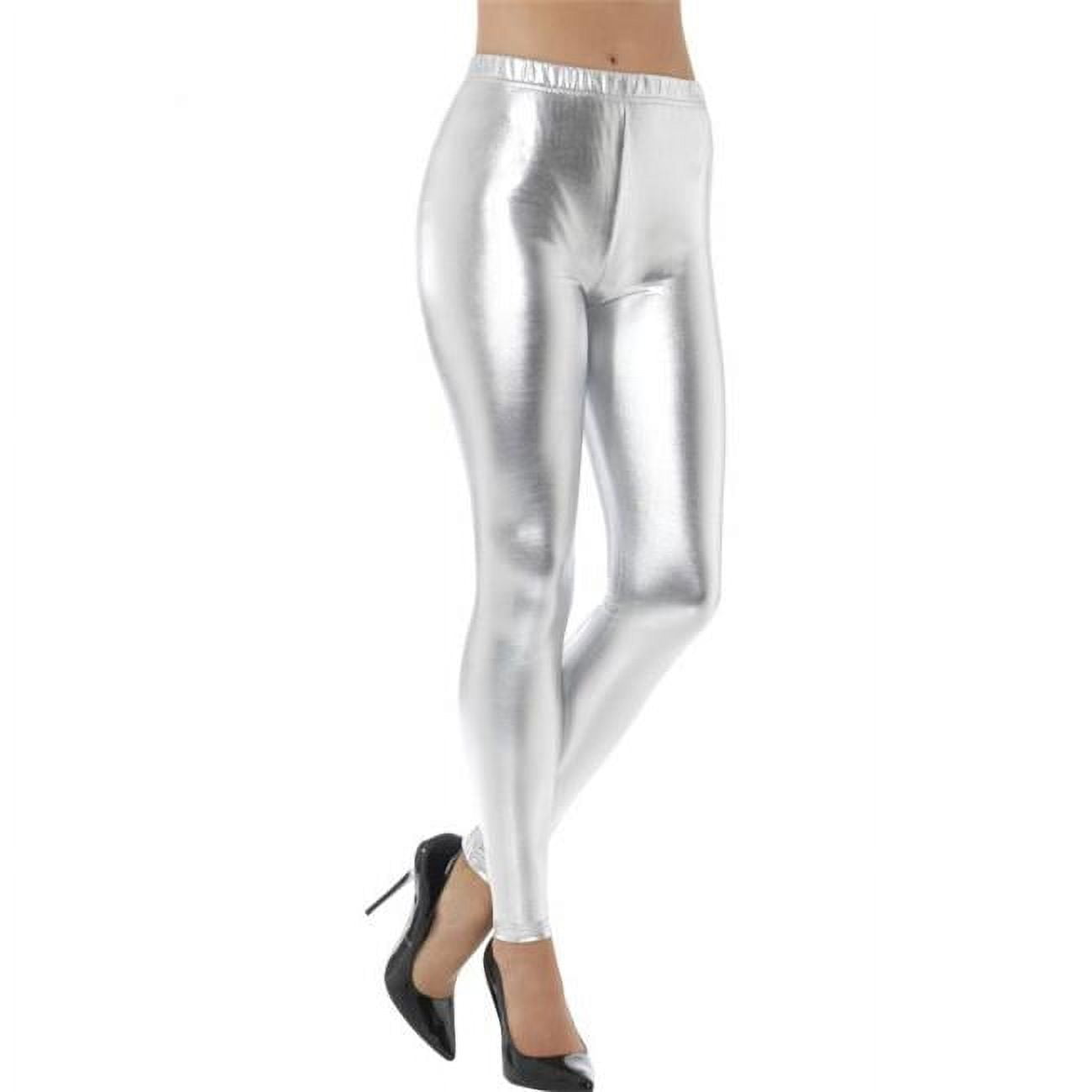 80s Metallic Disco Leggings Adult Silver 1980s Small Female Fancy Dress ...