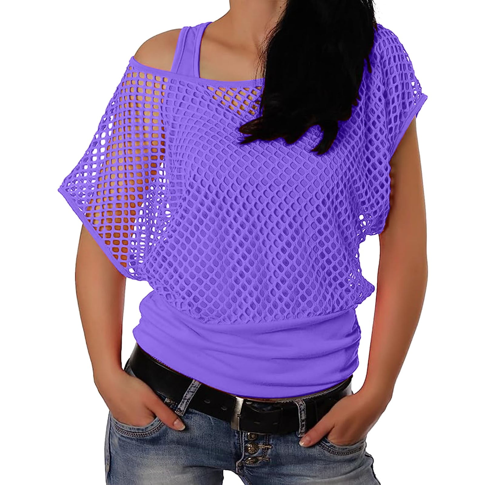 80s Neon Fishnet Mesh Off-Shoulder Tops for Women - Retro Style Women's ...