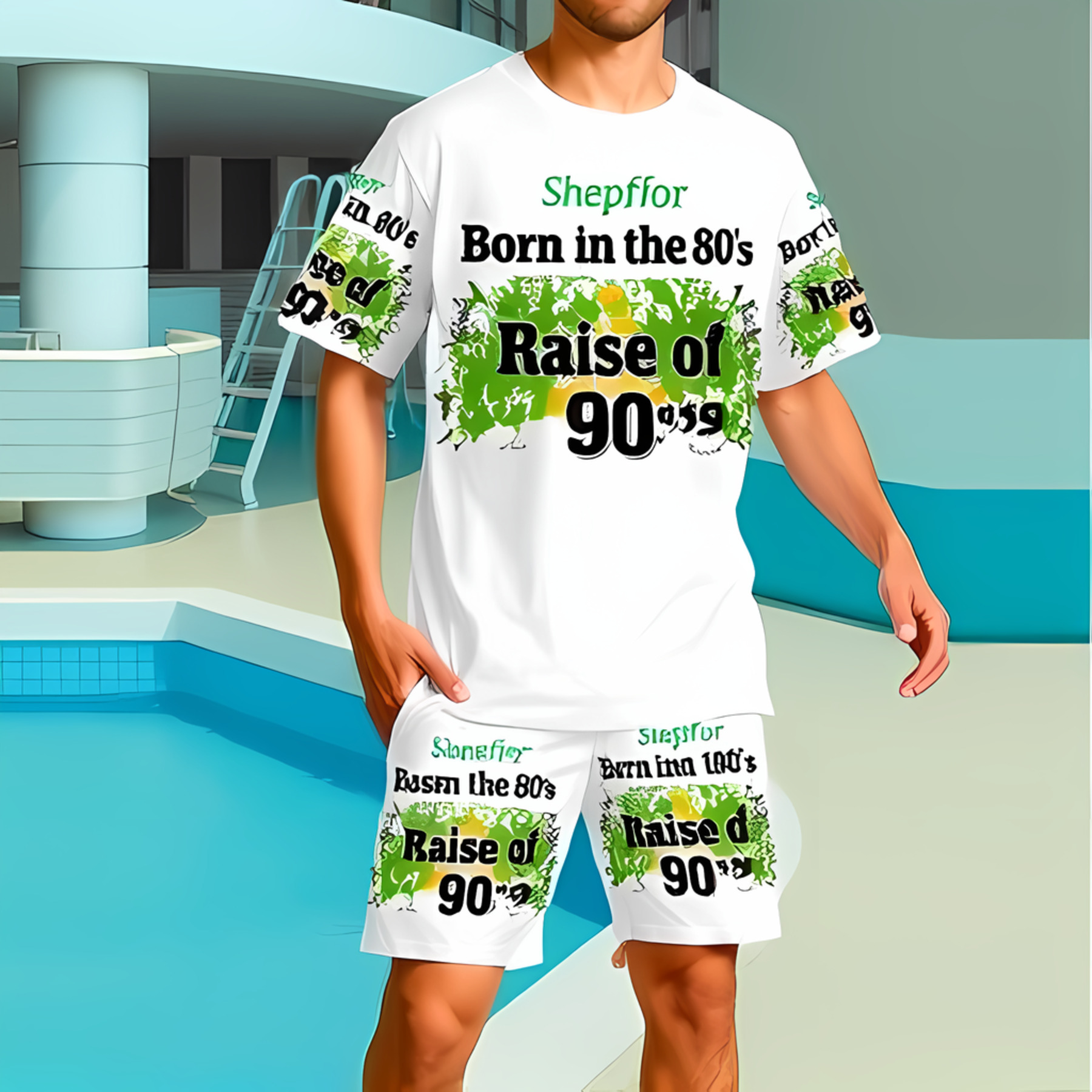 80s Nostalgia Graphic T-Shirt & Shorts Set - Bold Green Text " Born in ...
