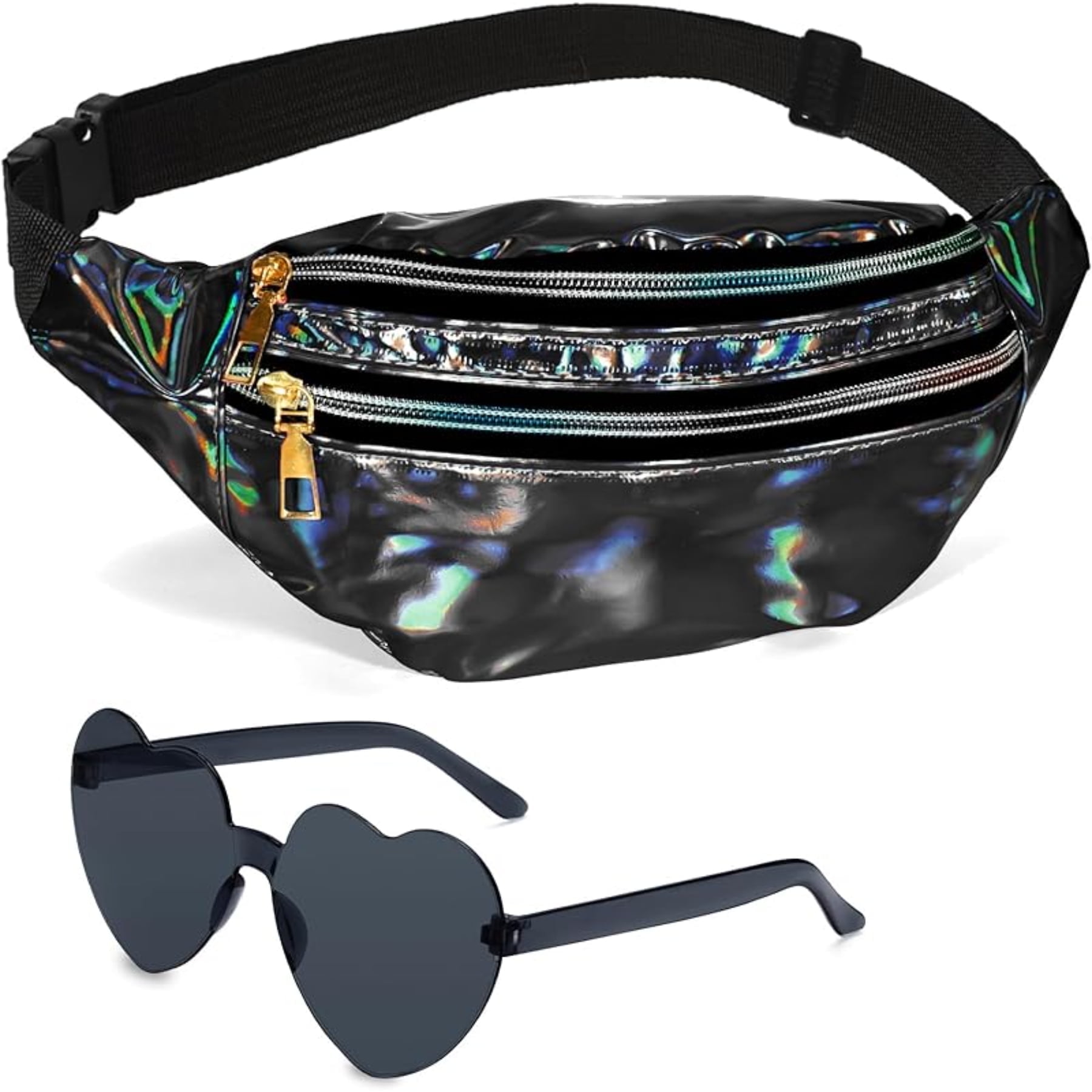 80s Retro Holographic Fanny Pack Set with Heart Sunglasses, Waterproof ...
