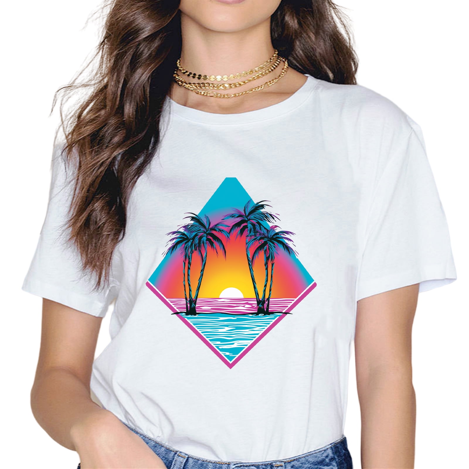 80s Retro Palm Tree Sunset Tee Vintage Sunset Women T-Shirt - Walmart.com