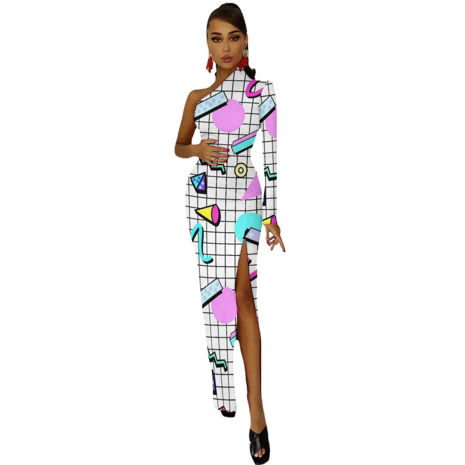 80s Retro Party Grid Design (White BG) Half Dleeve Split Dress evening ...