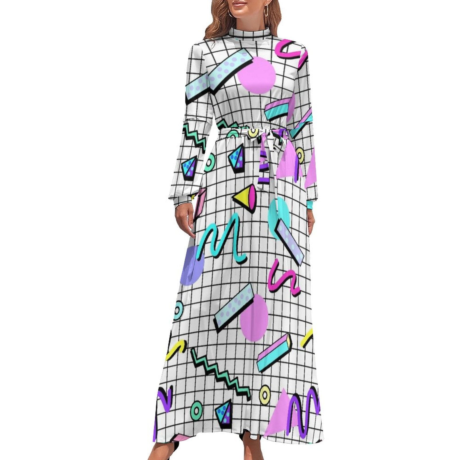 80s Retro Party Grid Design (White BG) Long Dress Dance dresses Long ...