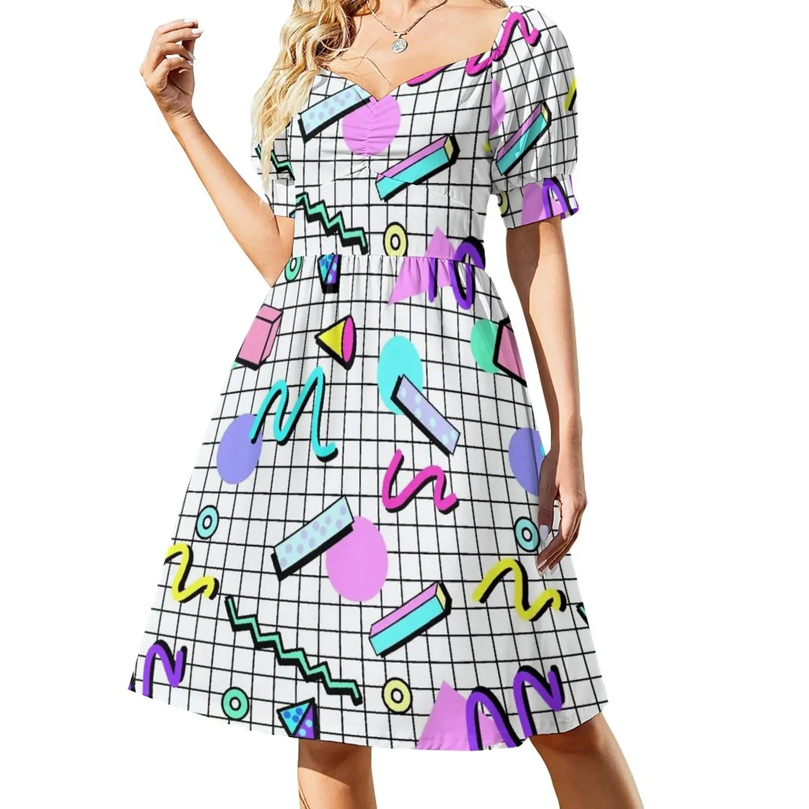 80s Retro Party Grid Design (White BG) Sleeveless Dress dress for women ...