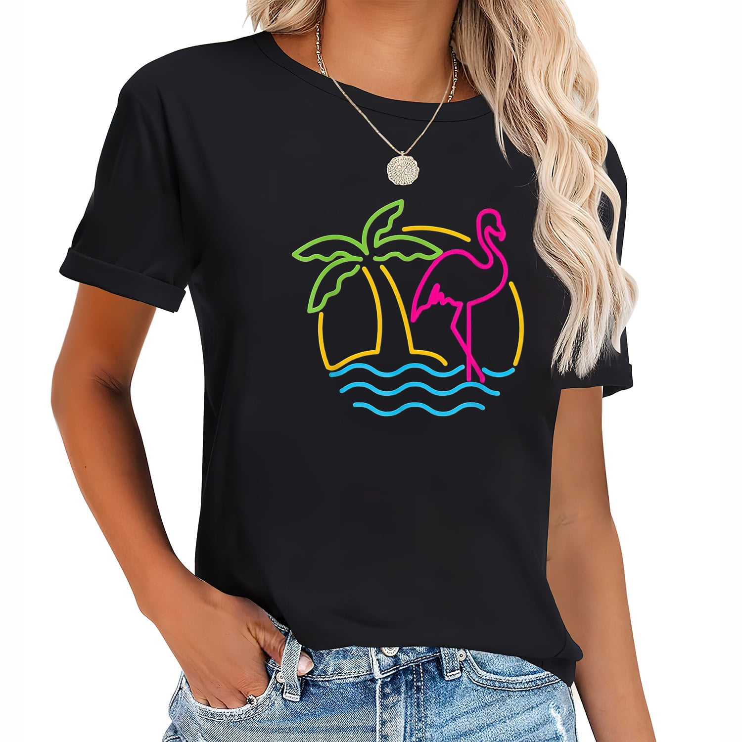 80s Vintage Miami Retro Neon Pink Flamingo Women's Graphic Tee ...