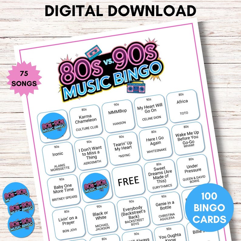 80s vs. 90s Music Bingo – 75 Songs, 100 Cards – Party Game – Digital ...