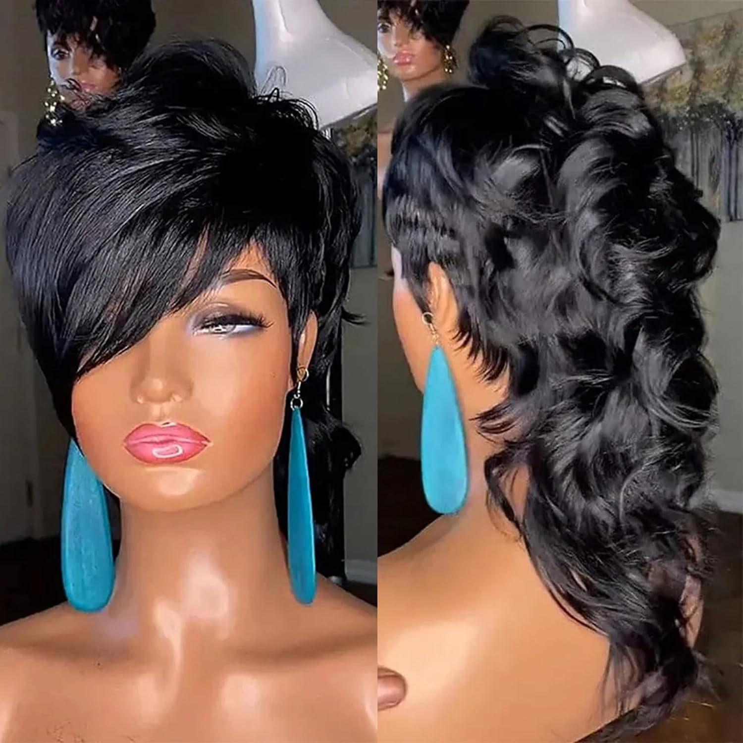 80s90s Mullet Wig Human Hair Wigs10A Pixie Cut Wig for Black Women ...